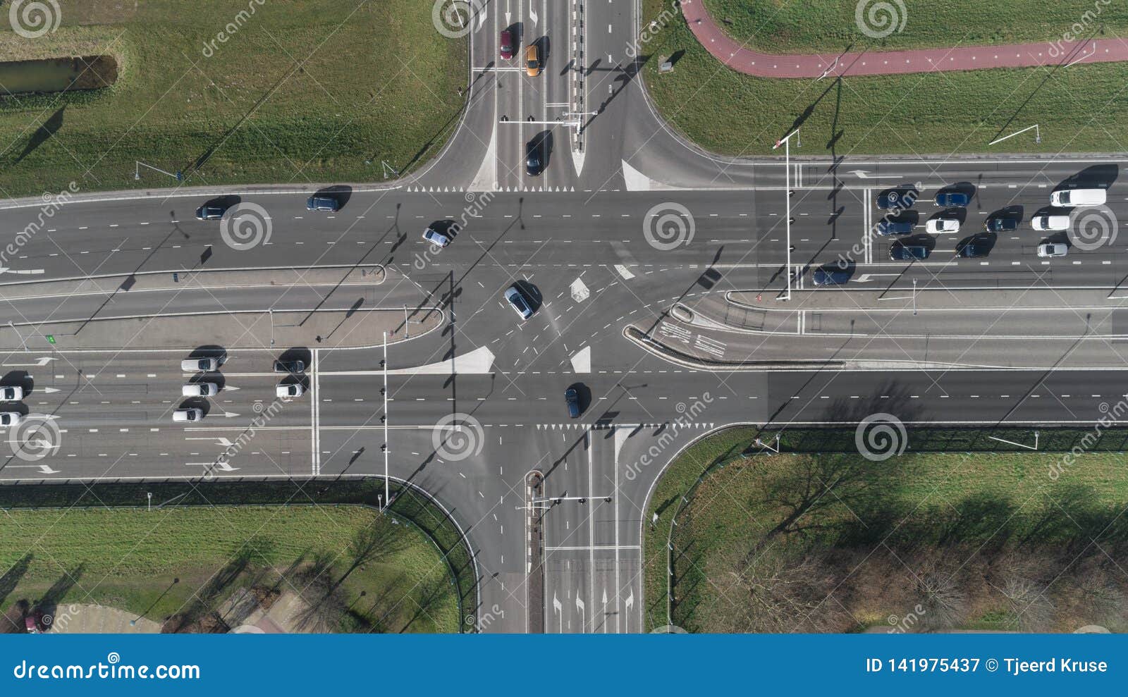 Highway Intersection with Cars and Traffic Lights. Top View from Drone ...