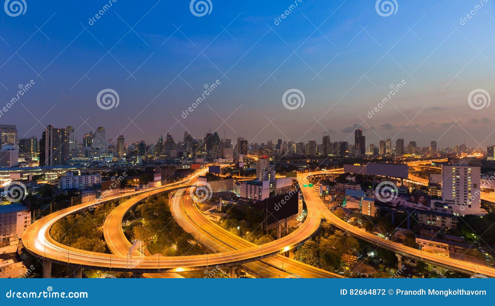 Highway Intersection with City Downtown Background Stock Photo - Image ...
