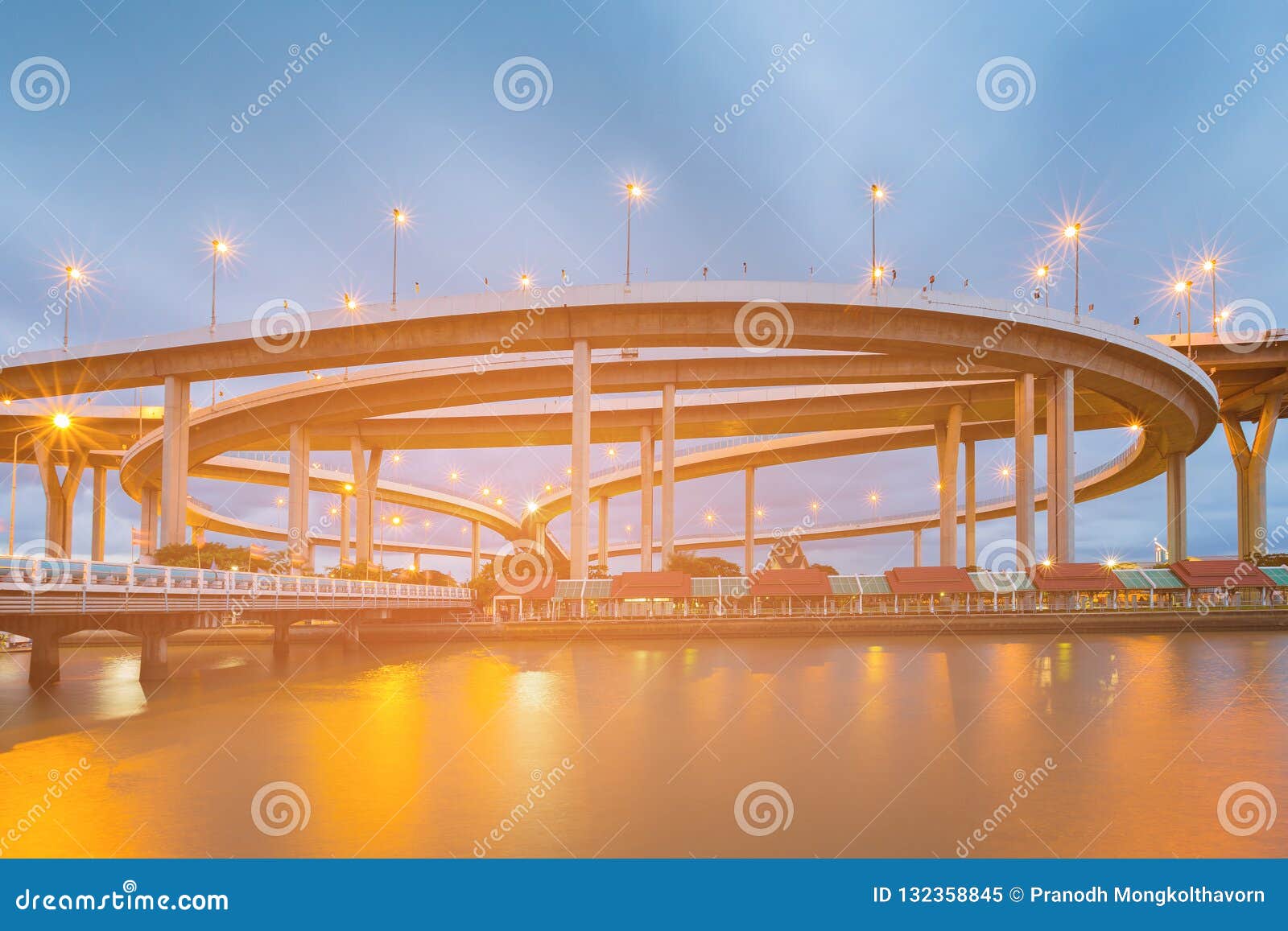 Highway Intersection River Front at Twilight Stock Image - Image of ...