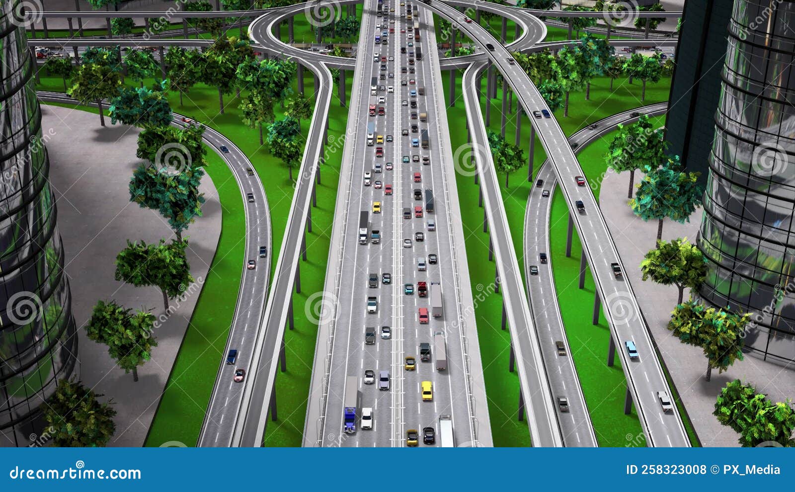 Highway Intersection/ Road Interchange Middle in the City with Heavy ...