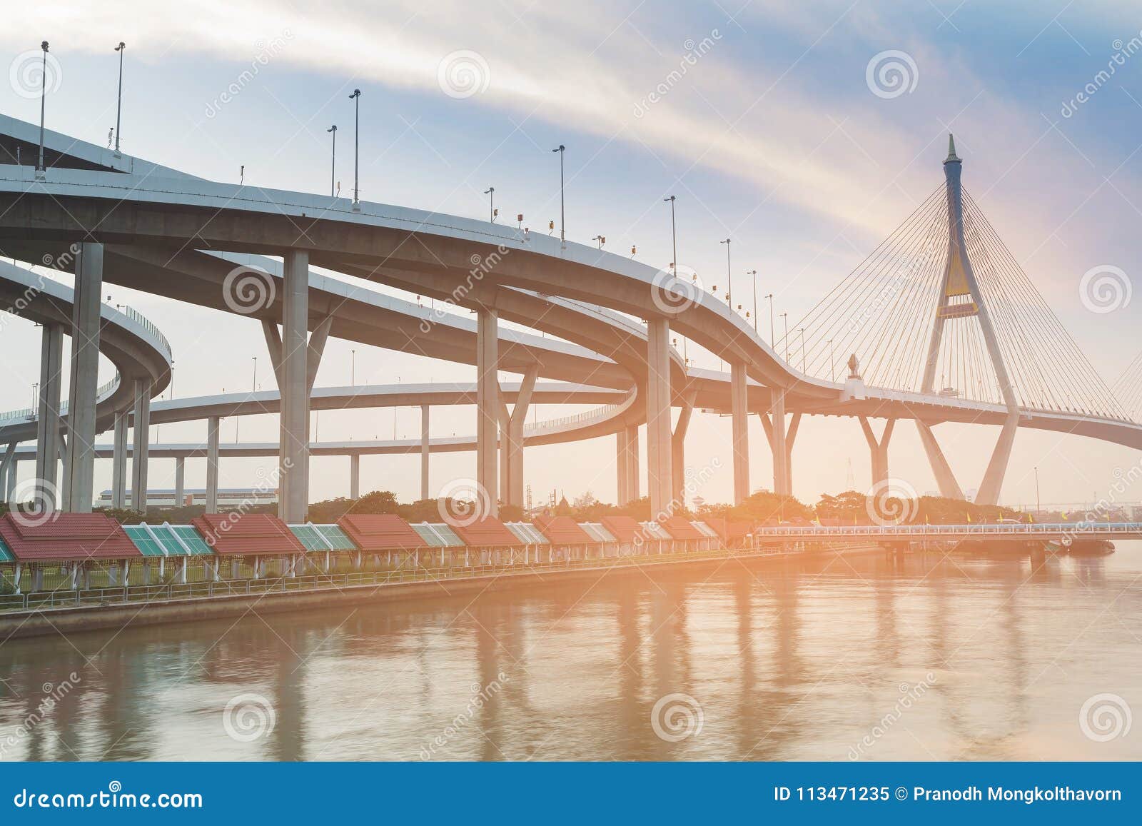 Highway Intersection and Suspension Bridge Stock Image - Image of city ...