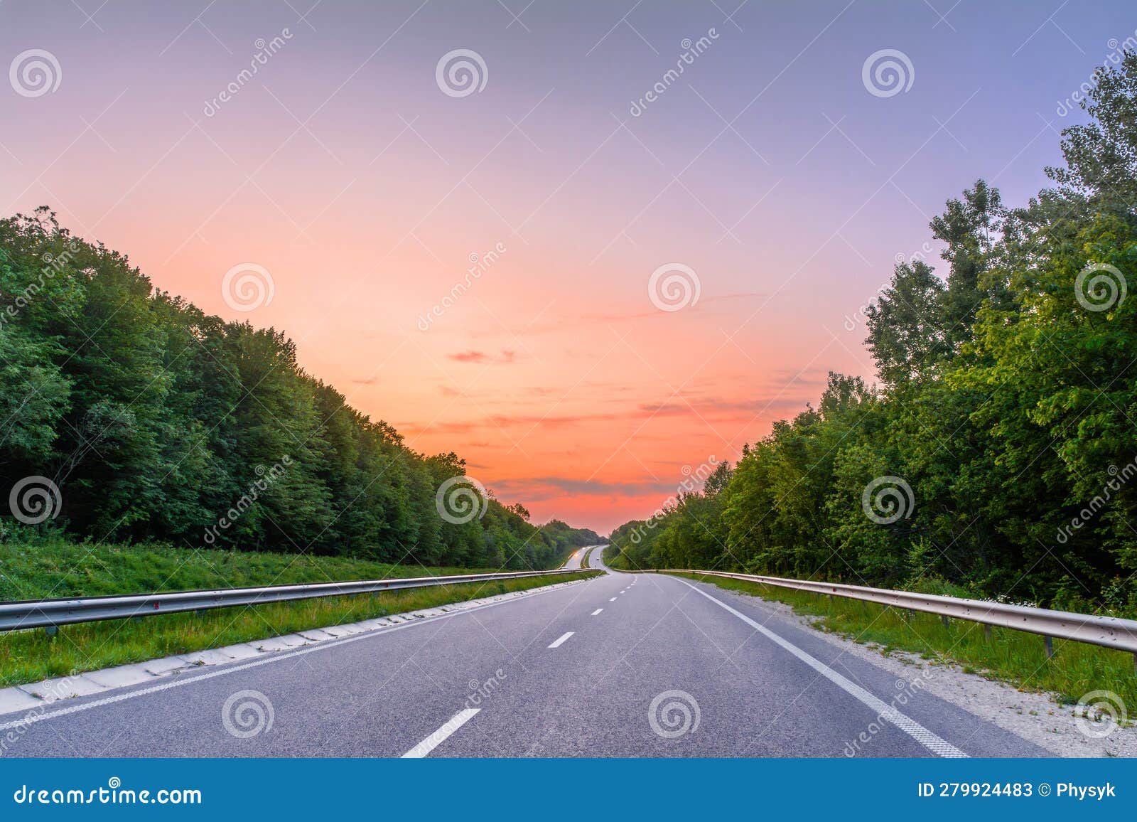 Highway in the Middle of the Forest Belt at Sunset Stock Image - Image ...