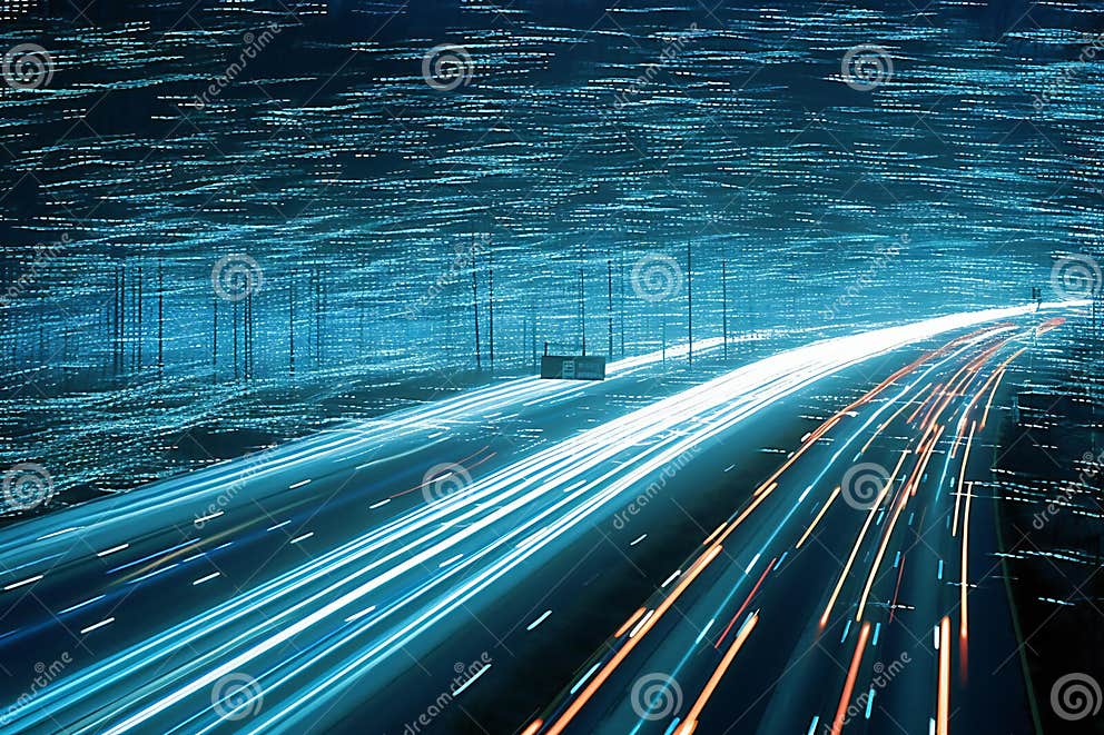 Highway with Motion Blur and Binary Code, Abstract Technology ...