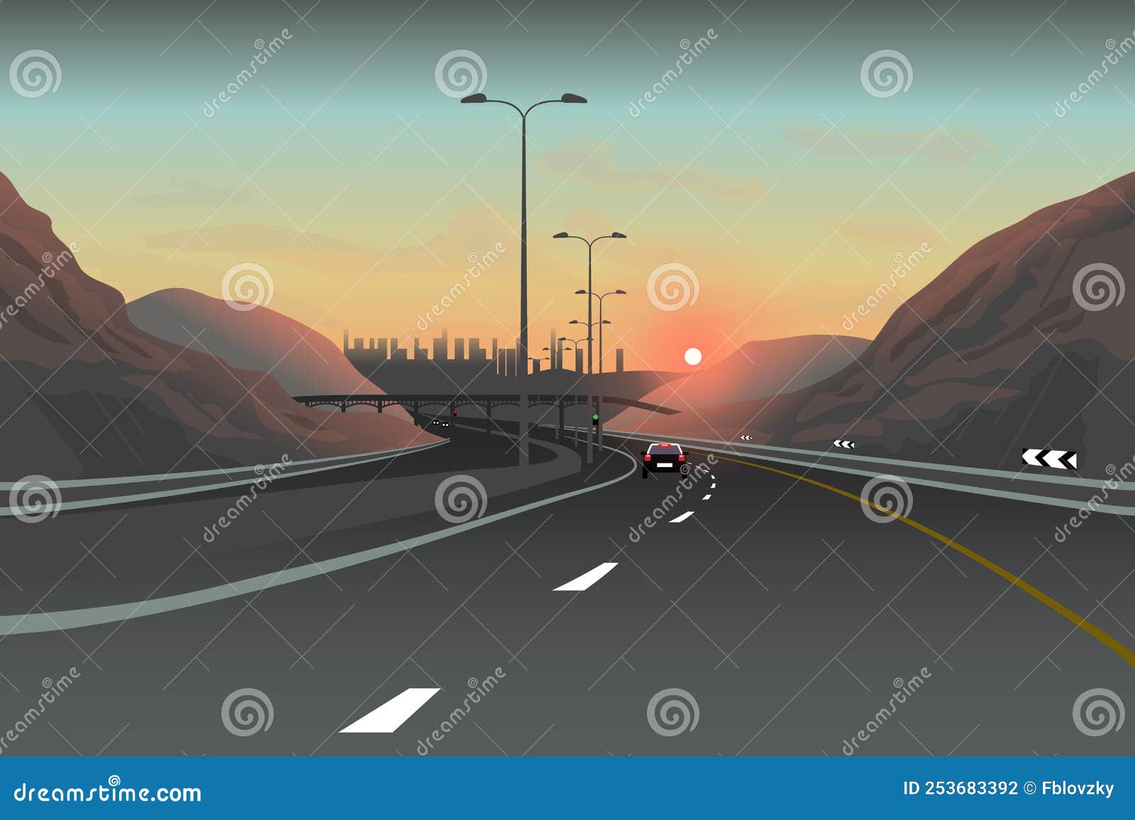 Highway in the Mountains at Sunset Stock Vector - Illustration of ...
