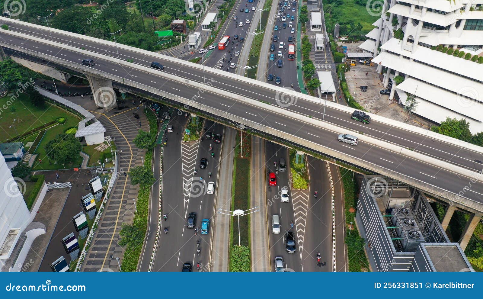 Highway Multi-level Interchange Road with Moving Cars. Cars are Moving ...