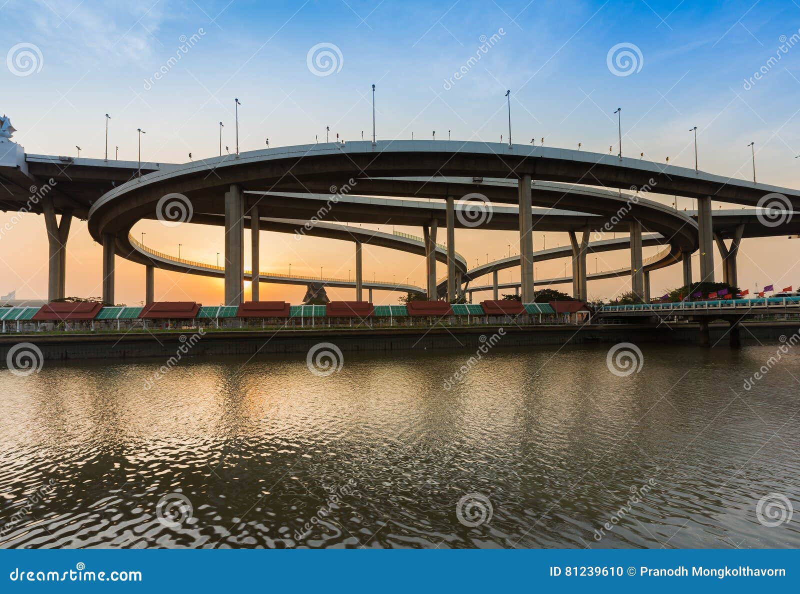 Highway Overpass Intersection Water Front with Sunset Sky Background ...