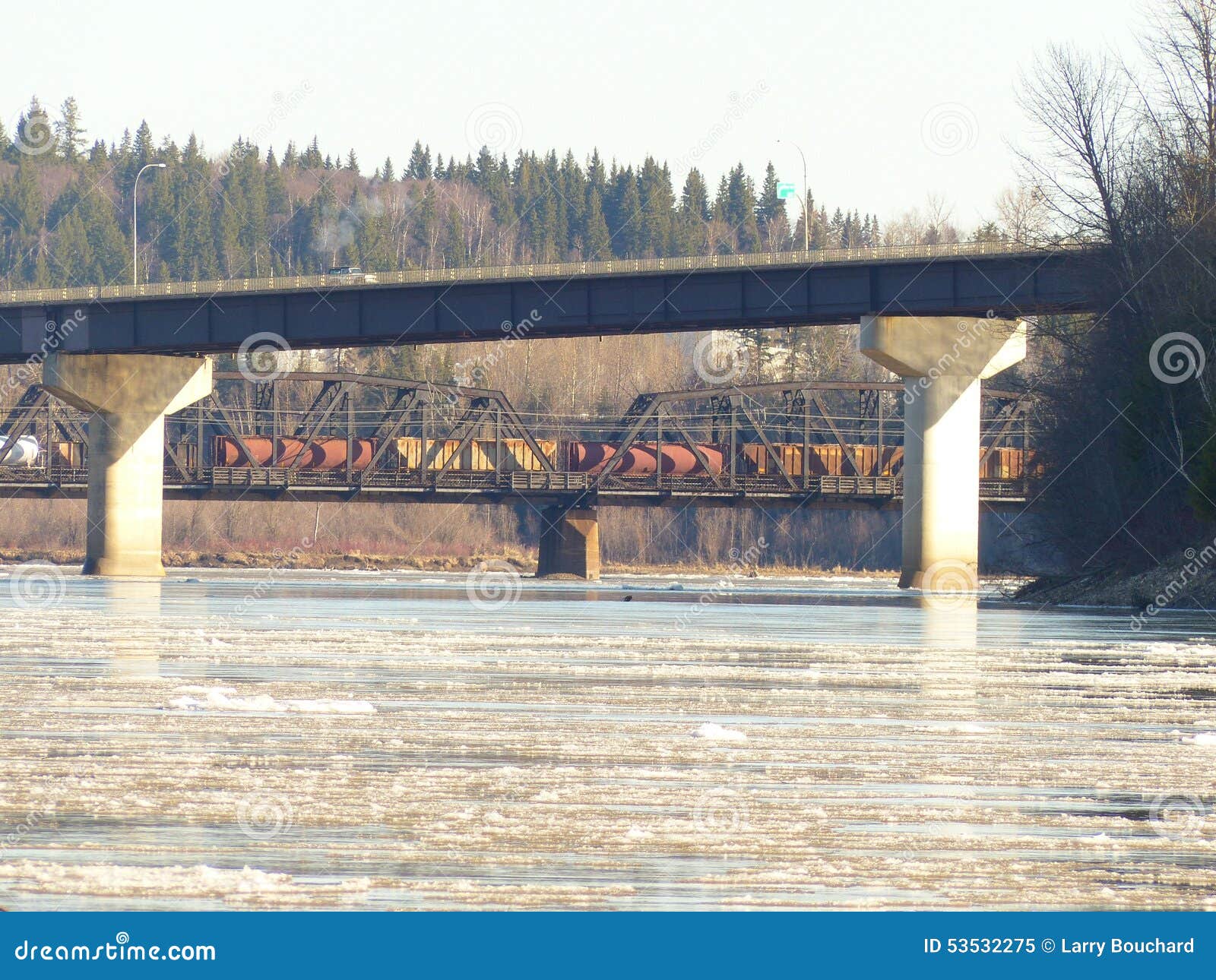 Highway and Railway Bridges Over Spring River Ice Flow Stock Image ...