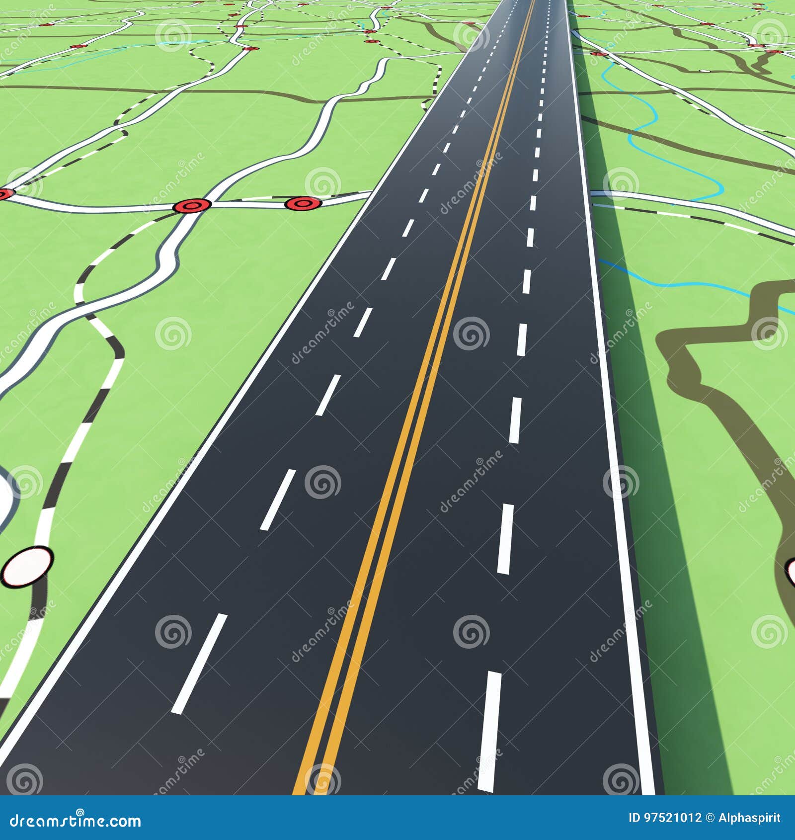 Highway on a Road Map. 3D Rendering Stock Photo - Image of cross, lane ...
