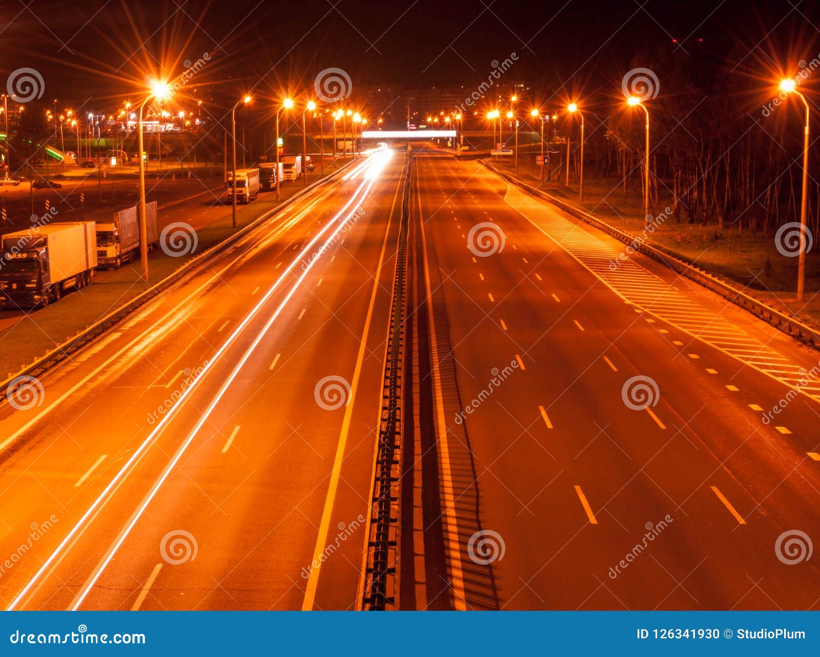 Highway, Road at Night, Light Trails on Freeway Stock Photo - Image of ...