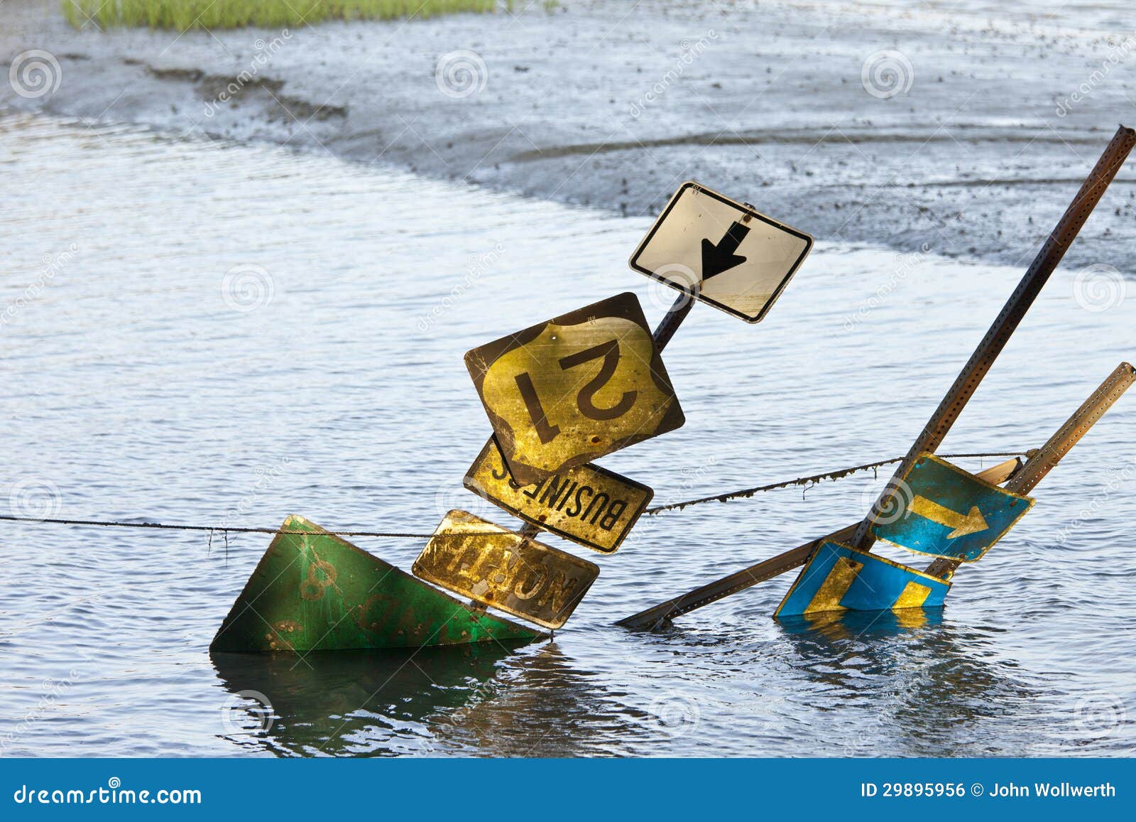 Highway Signs on Flooded Road Stock Photo - Image of deep, background ...