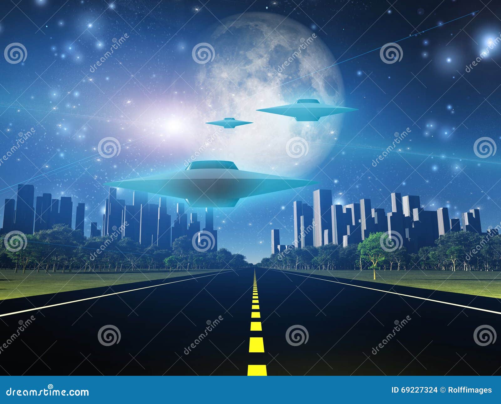 Highway To City with Alien Ships Stock Illustration - Illustration of ...