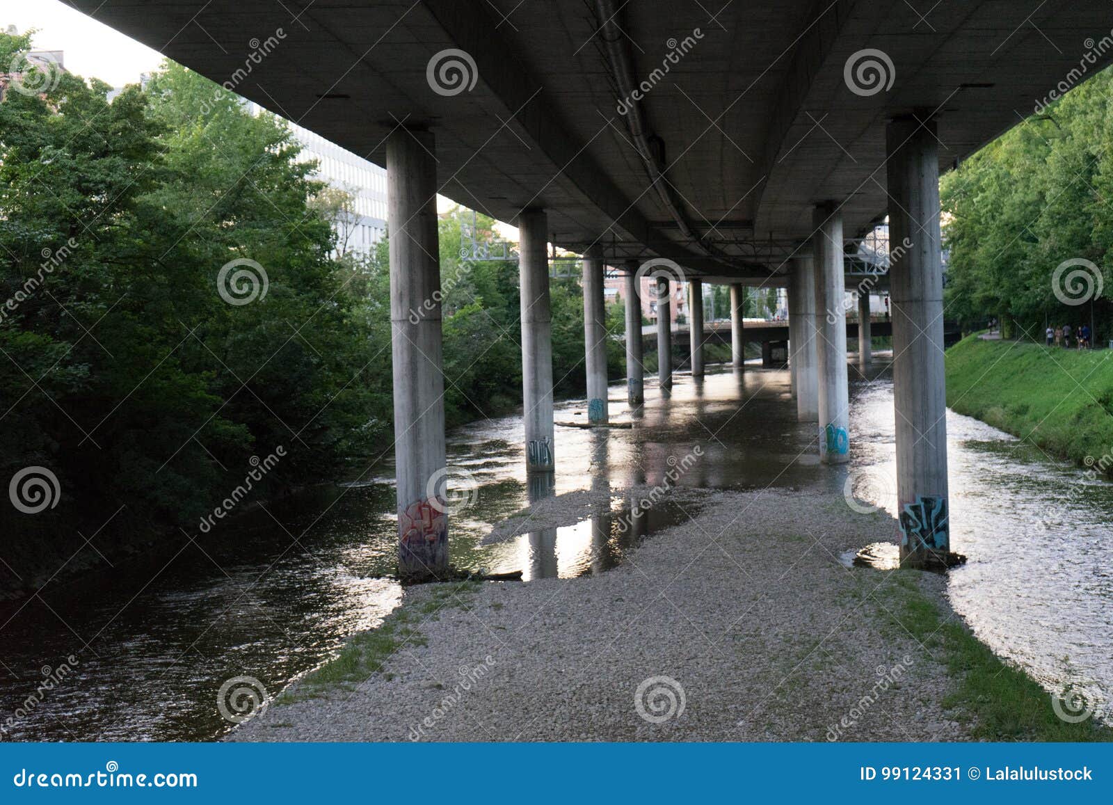 Highway Underpass from Concrete with Small River Stock Image - Image of ...