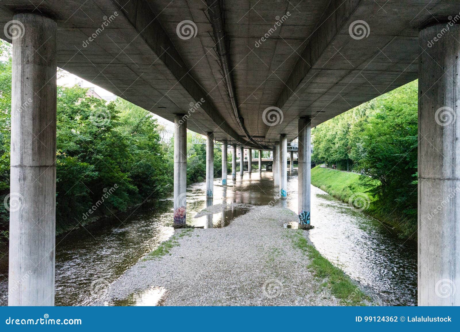 Highway Underpass from Concrete with Small River Stock Photo - Image of ...