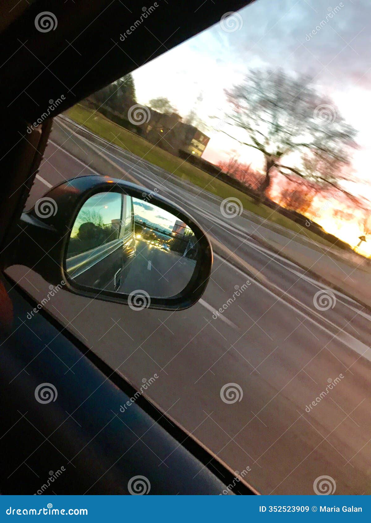 Highway Viewed on the Rear View Mirror at Dusk Stock Image - Image of ...