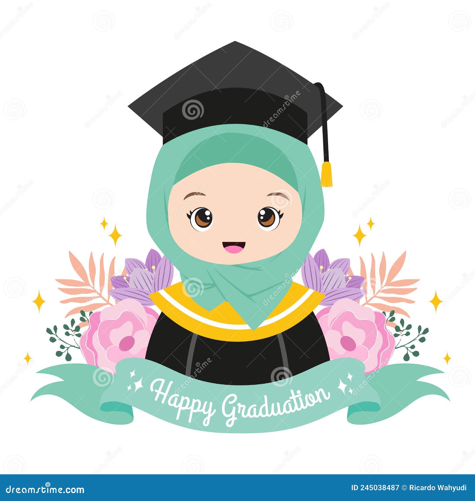 Cute Muslim Woman Student Graduation Cartoon Character Stock Vector ...