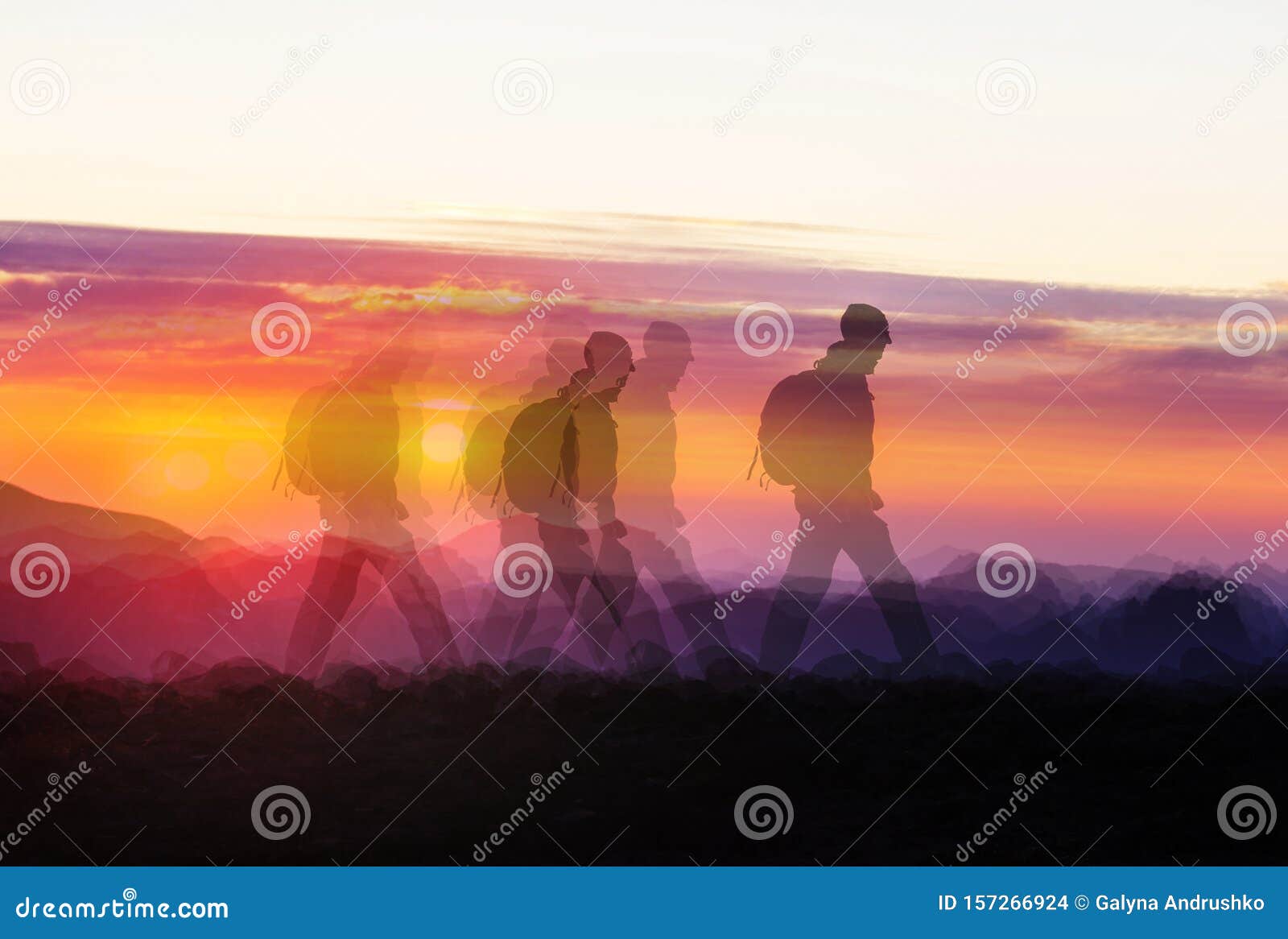 Hike on sunset collage stock photo. Image of trek, mountains - 157266924