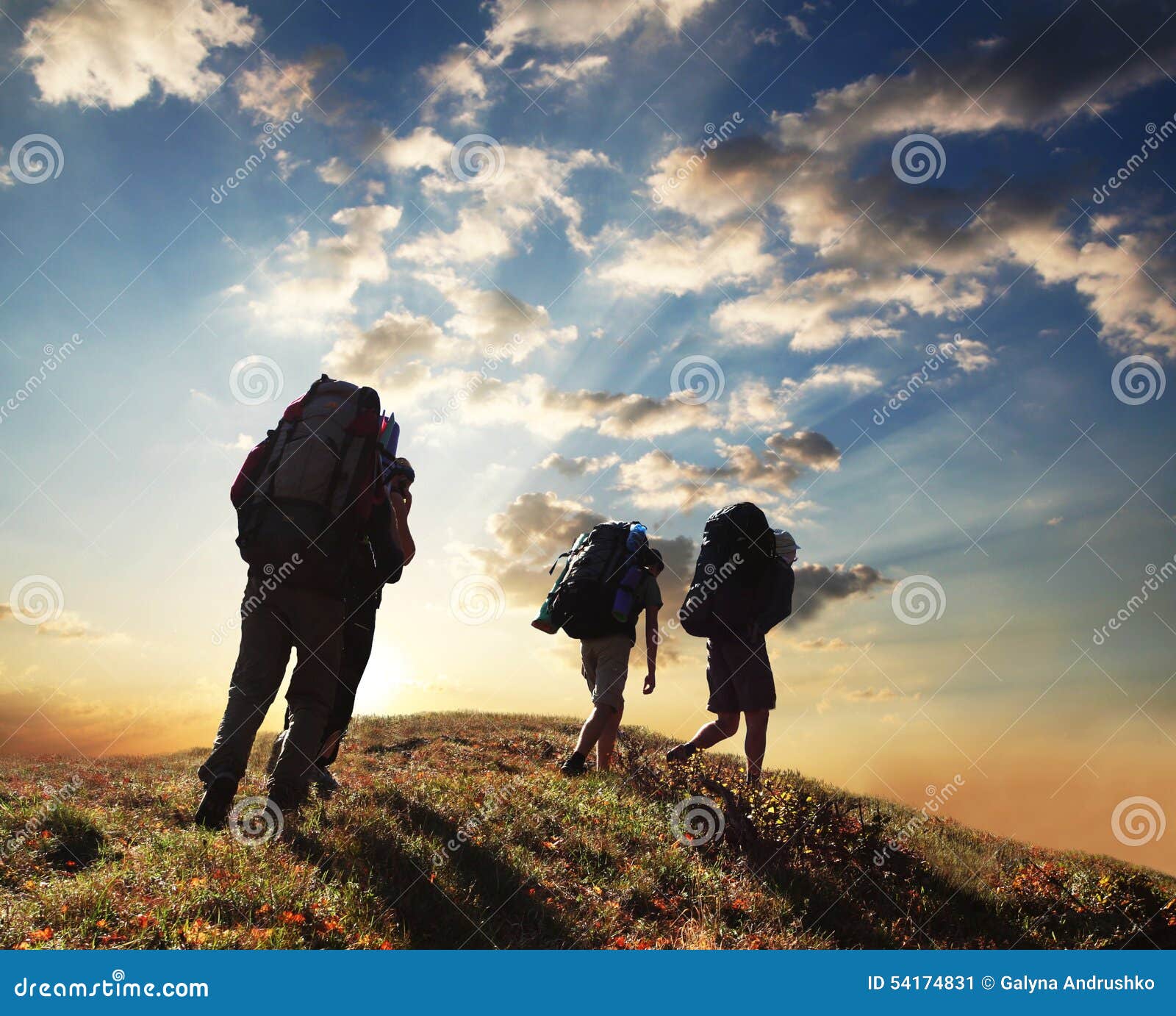 Hike on sunset stock image. Image of mount, group, grassland - 54174831