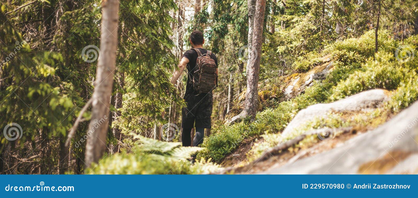 Hike To Nature Alone. Walk in the Mountains with a Backpack Stock Photo ...