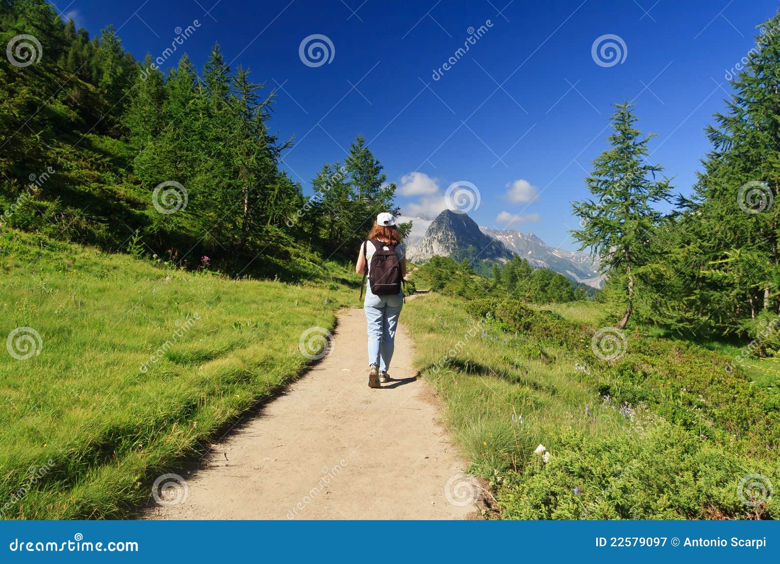 Hiker in alpine path stock image. Image of blue, backpack - 22579097