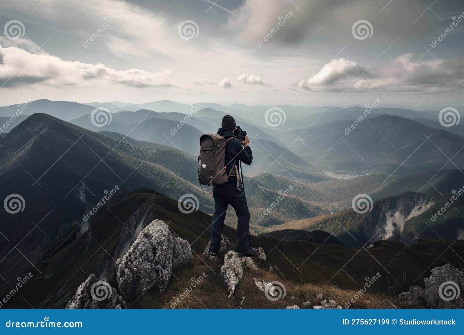 Hiker, with Backpack and Camera, Capturing Stunning View of Mountain ...