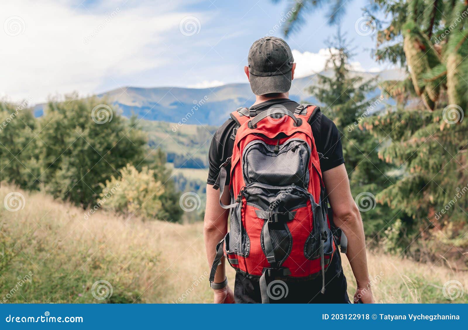 Hiker with Backpack Looking on Mountain Stock Photo - Image of alone ...