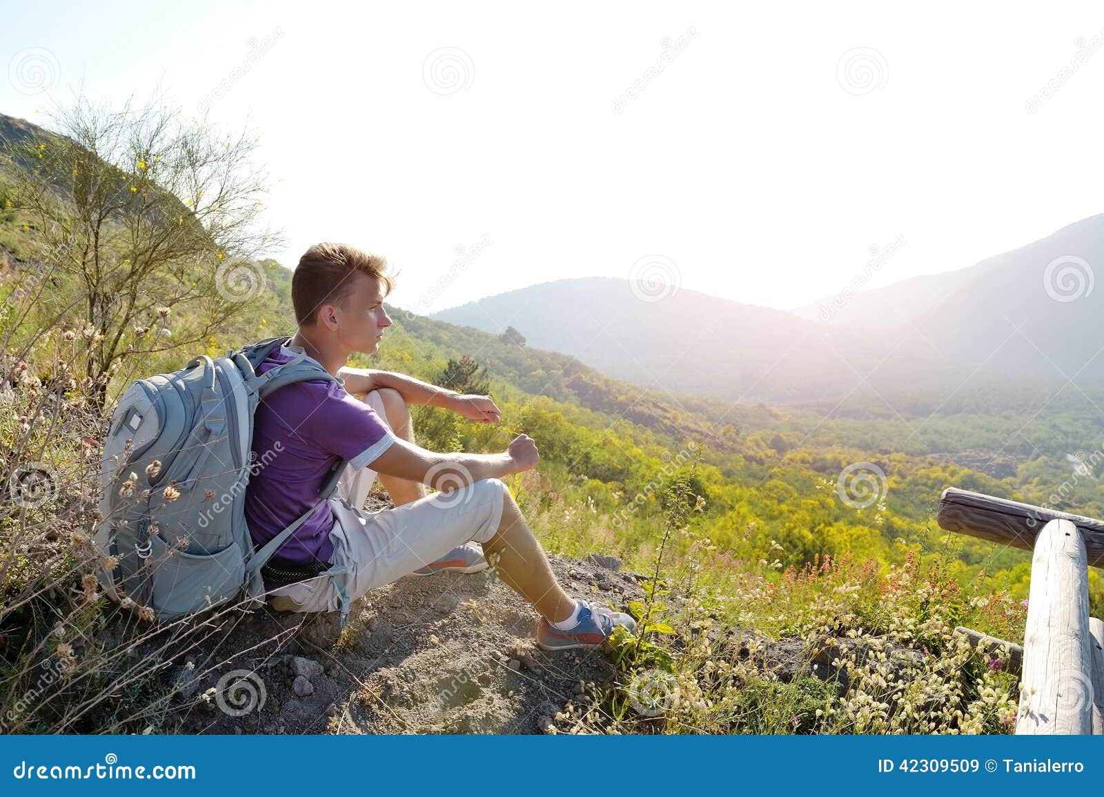 Hiker with Backpack Relaxing on a Path of Mountain Stock Image - Image ...