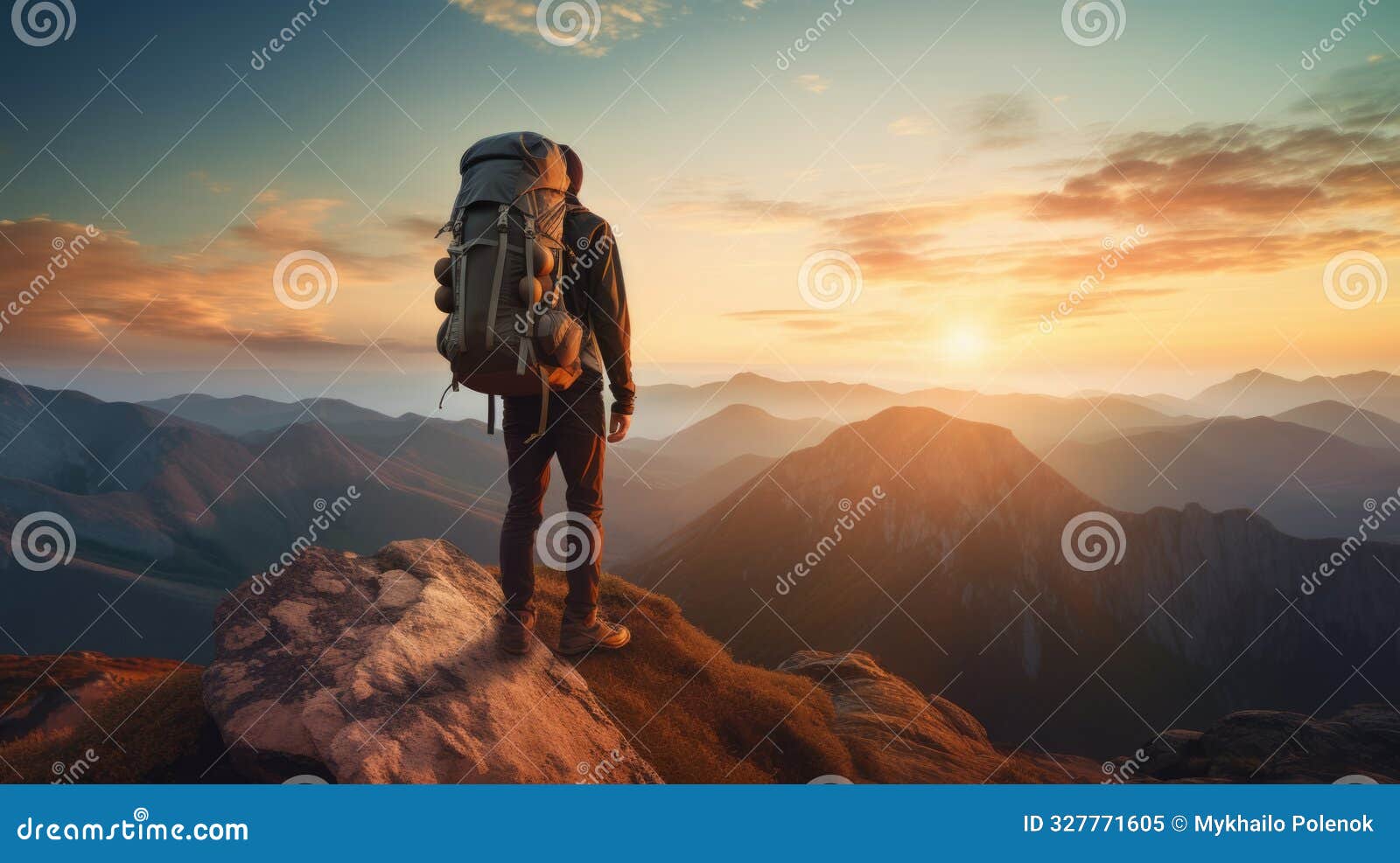 Hiker with Backpack Standing on a Rock and Enjoying Sunset on Mountains ...