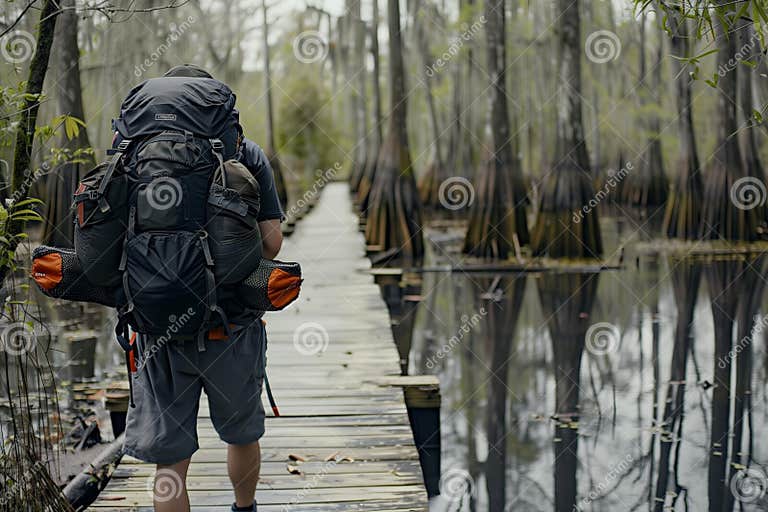 Hiker with a Backpack Standing at the Start of a Swamp Pier Stock Image ...