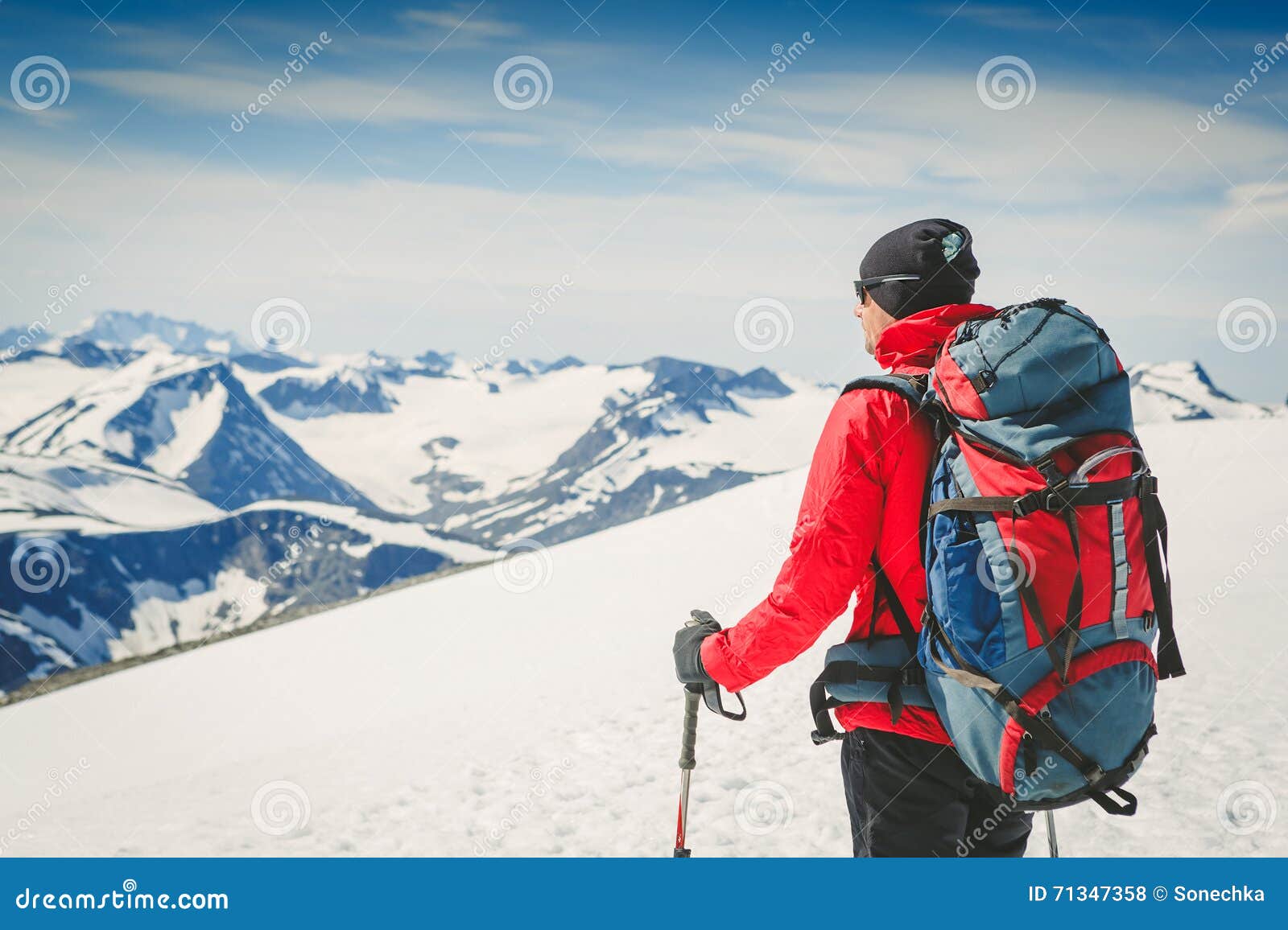 Hiker with Backpack Standing on Top and Enjoying Tne View Stock Photo ...