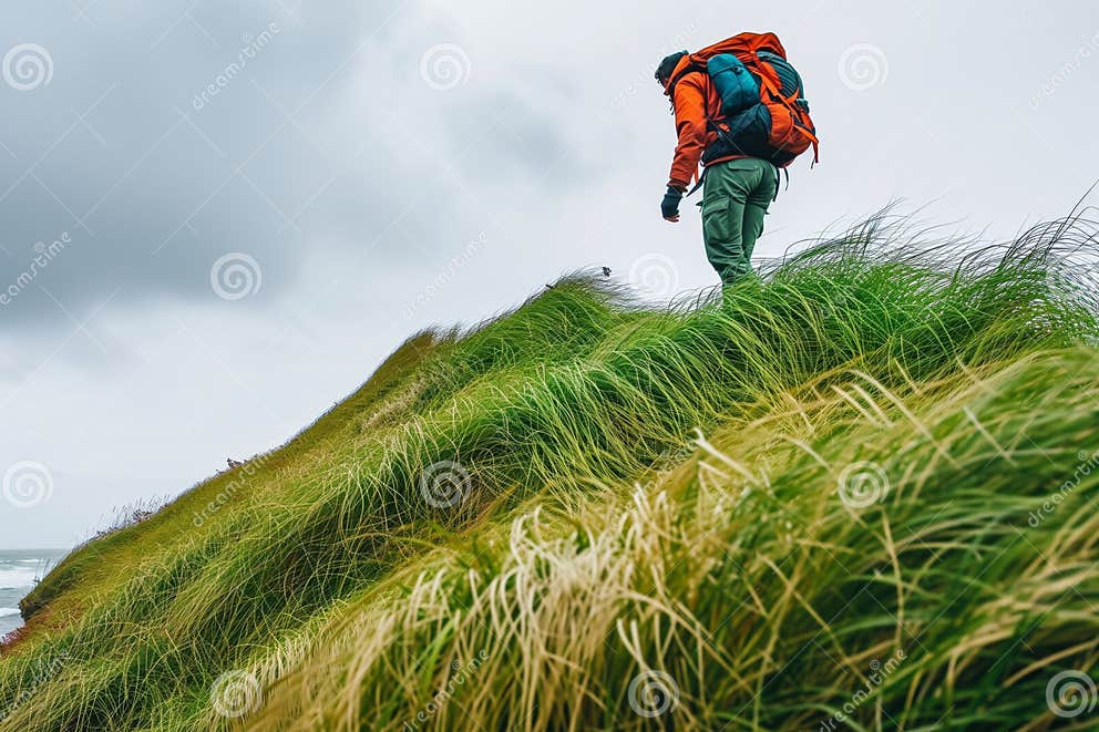 Hiker with Backpack Standing on Top of a Grass Wave Stock Photo - Image ...