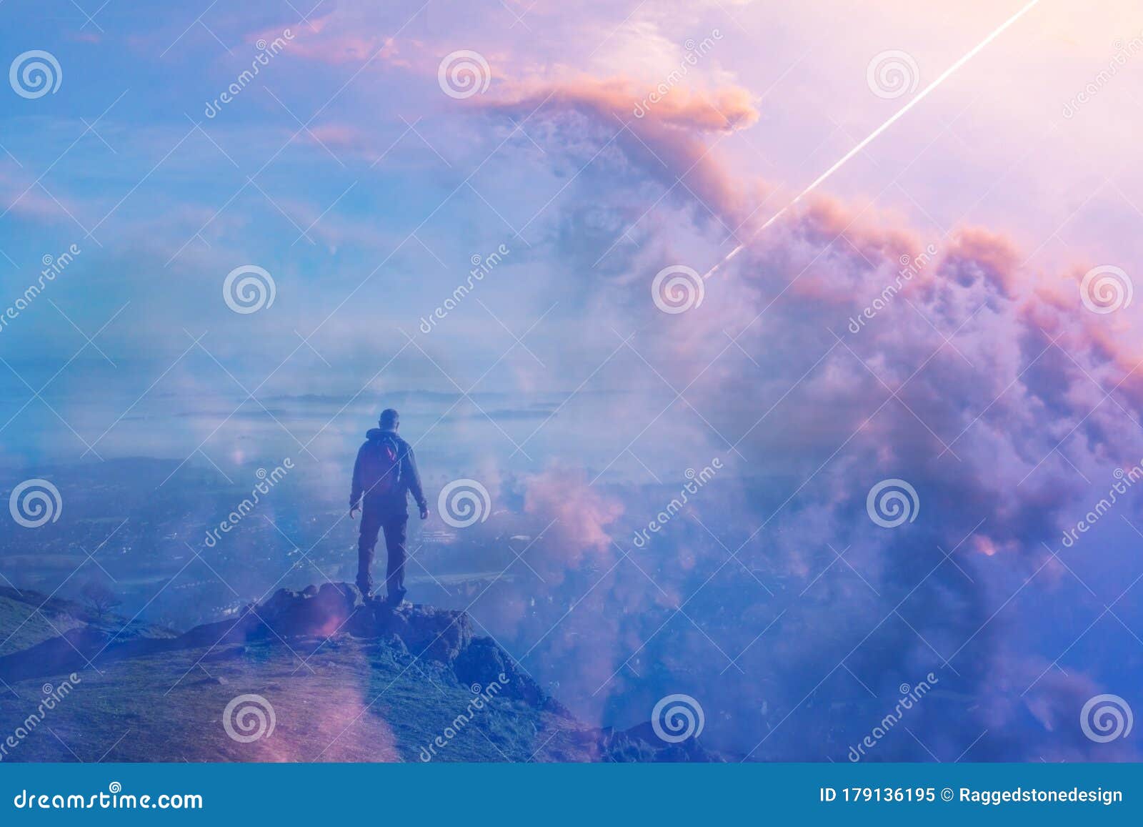 Hiker with Backpack Standing on Top of a Hill Looking at a Beautiful ...