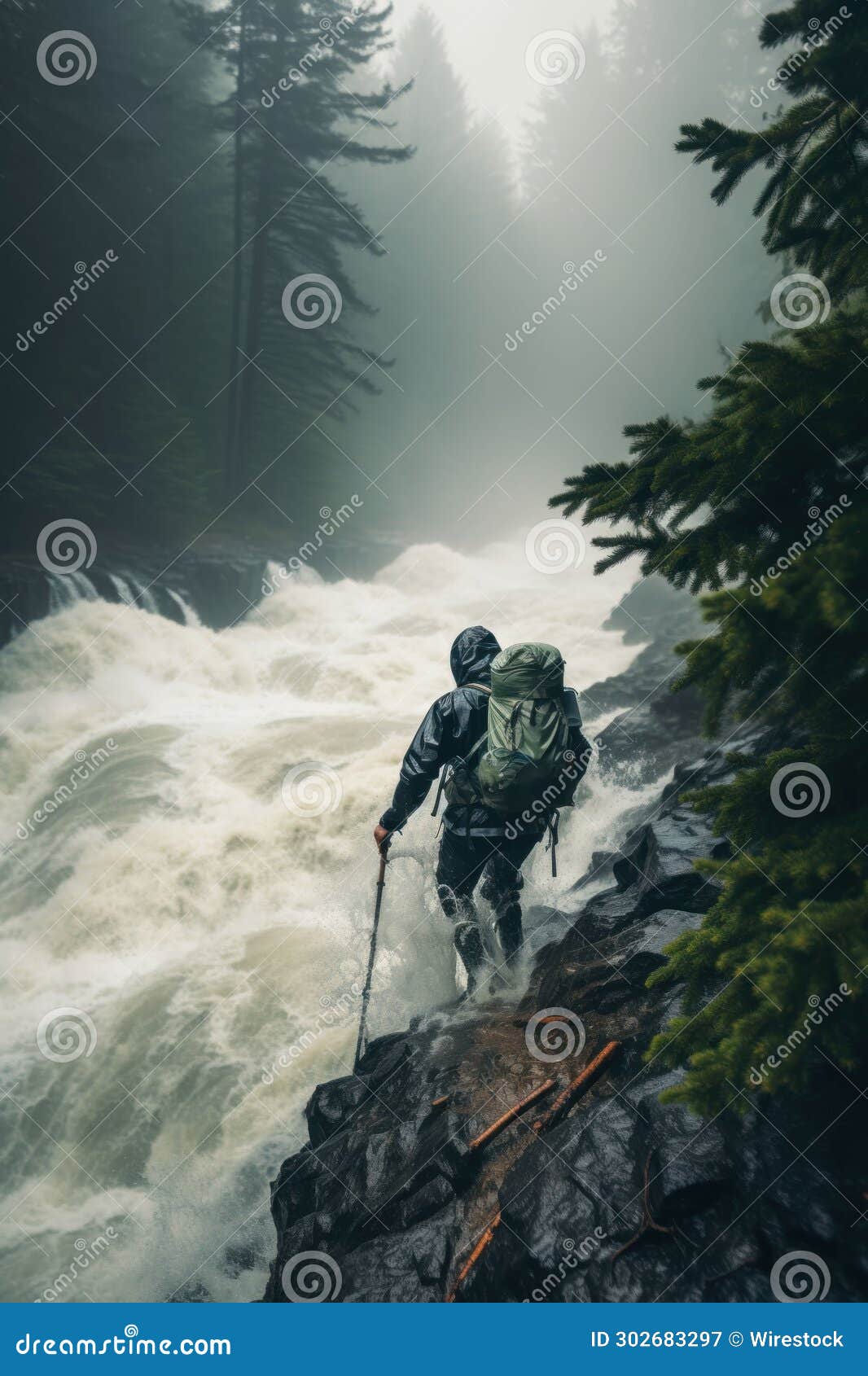 Hiker Battling His Way through a Violent Downpour and Raging River. AI ...