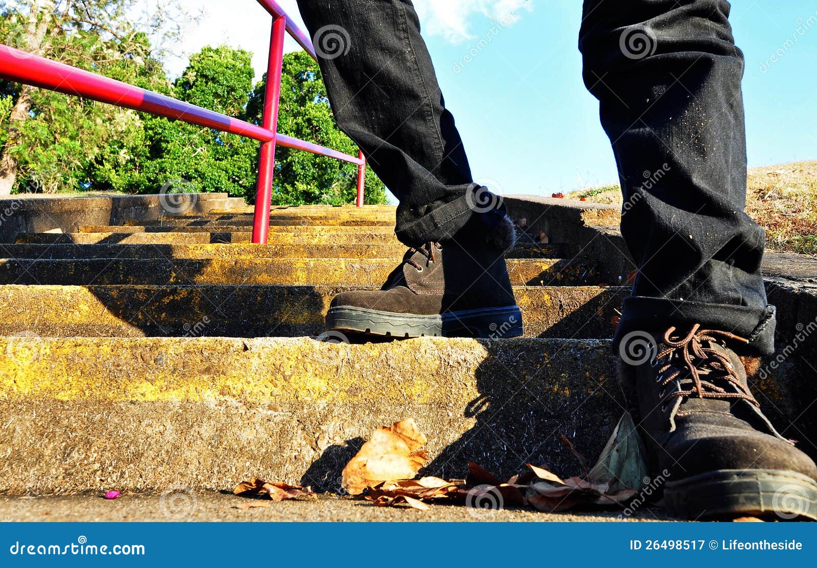 Hiker Boots Climbing High Steps Stock Image - Image of jeans, legs ...