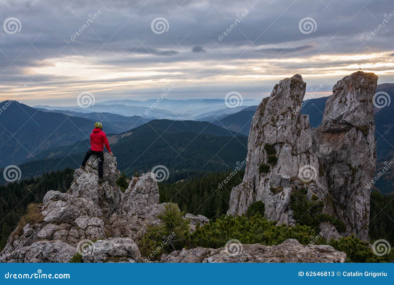 Hiker Climbing High Mountain Rocks Stock Image - Image of forest ...