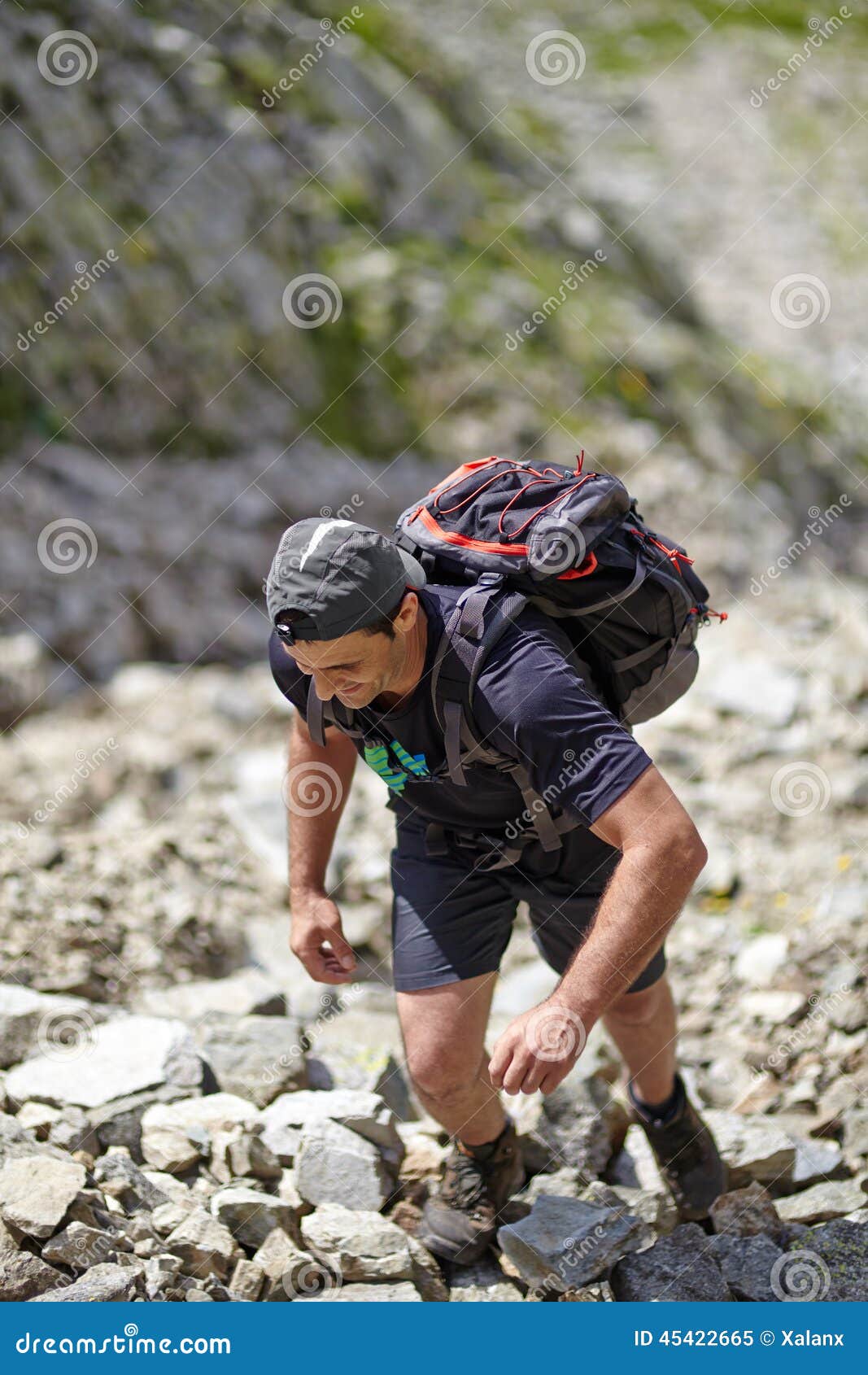 Hiker Climbing the Mountain Stock Image - Image of grass, backpack ...