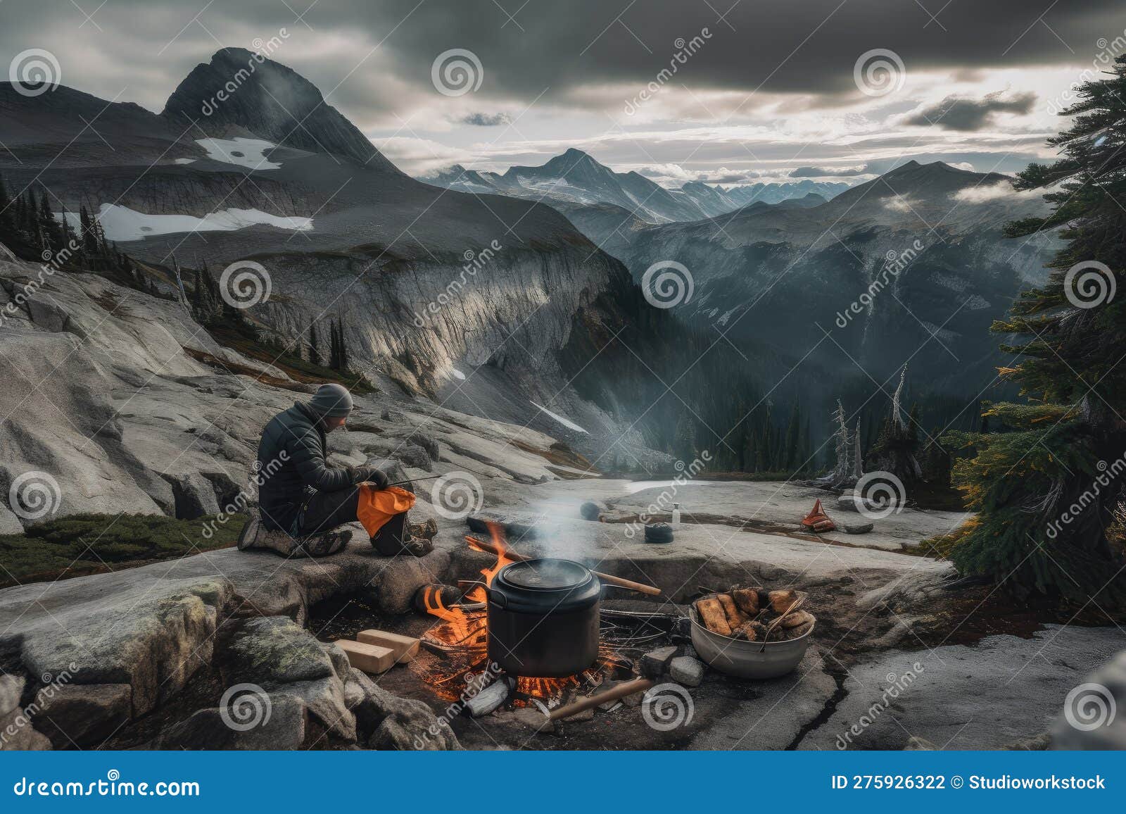 Hiker Cooking Meal Over Campfire, with View of the Mountain Range in ...