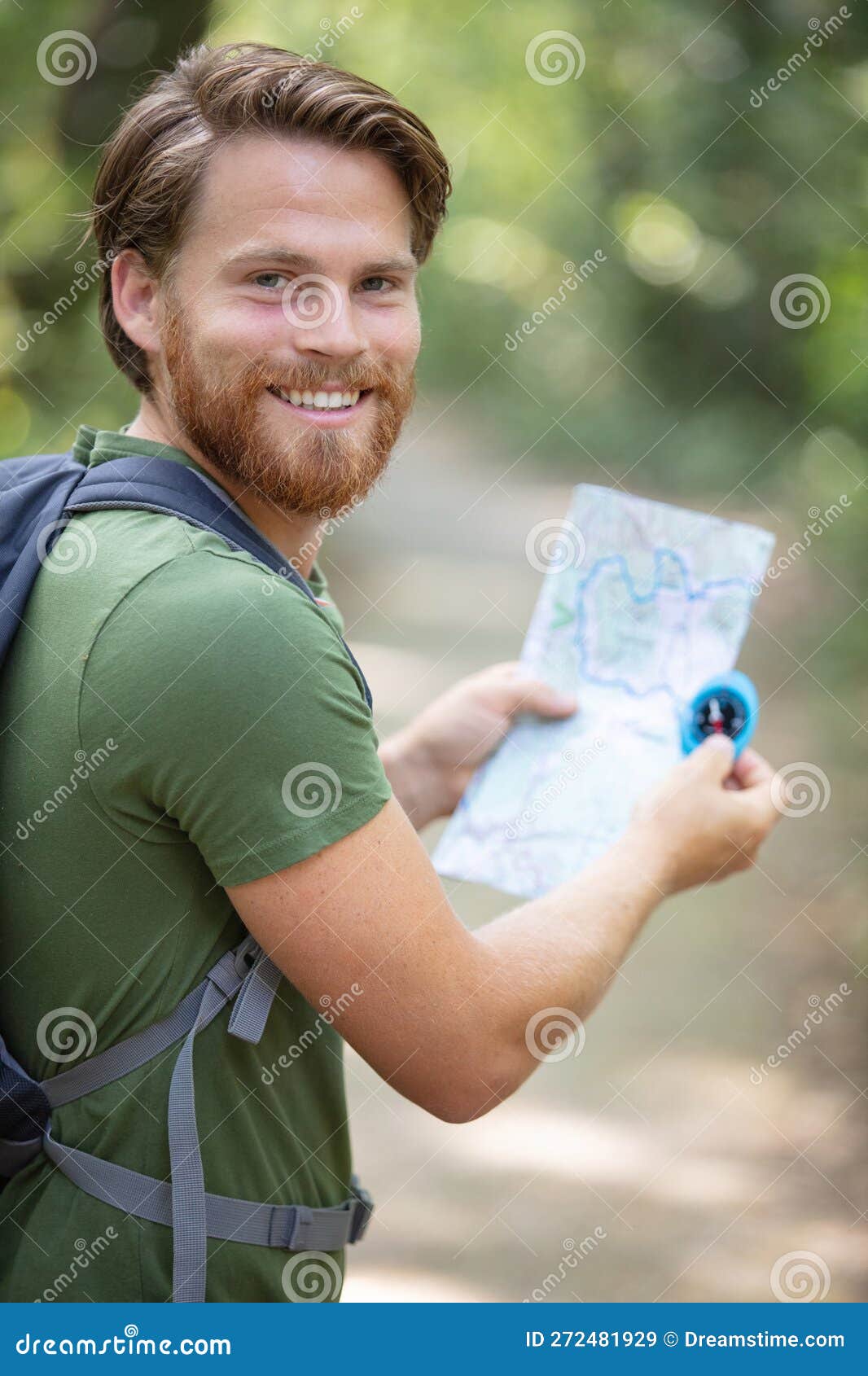 Hiker in Forest with Compass and Map Stock Image - Image of equipment ...