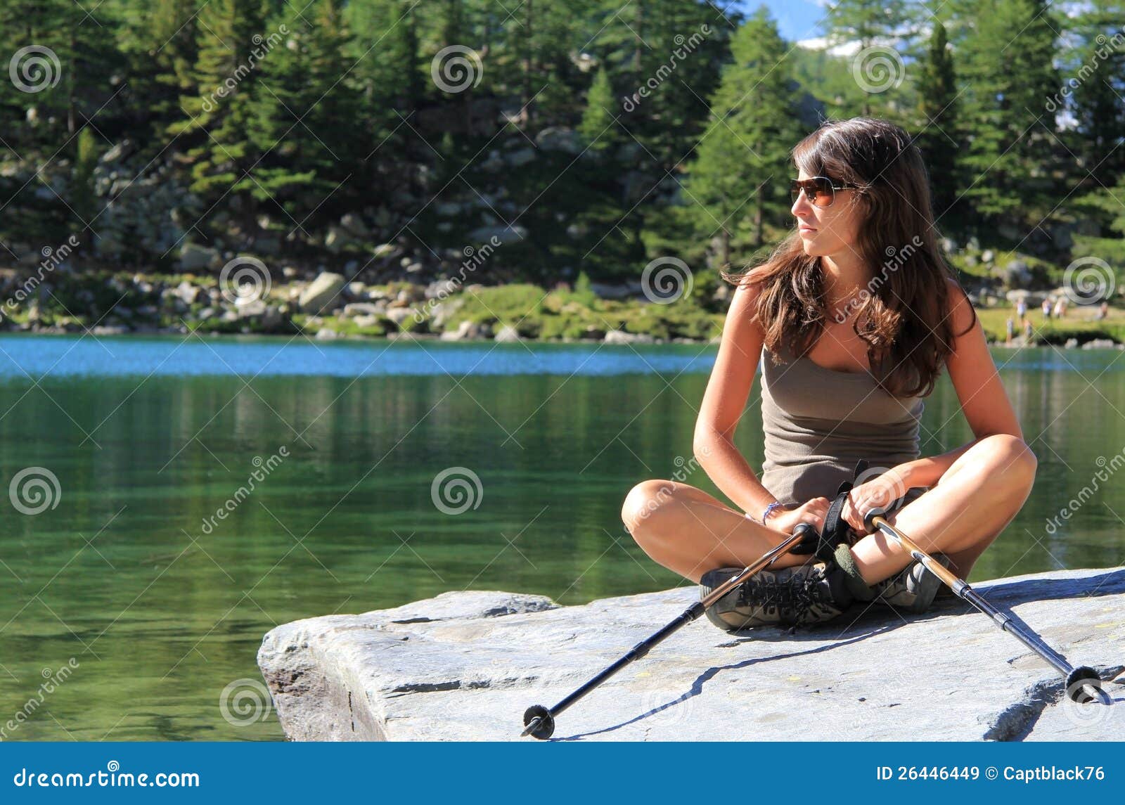 Hiker girl and green lake stock image. Image of mountain - 26446449