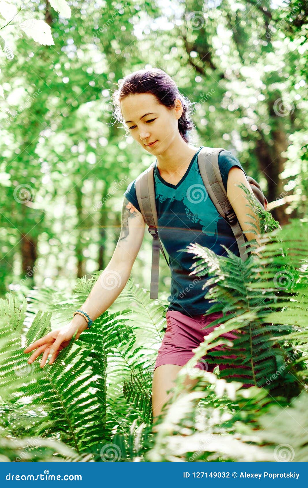 Hiker Girl Walking in Summer Forest. Stock Photo - Image of wanderlust ...