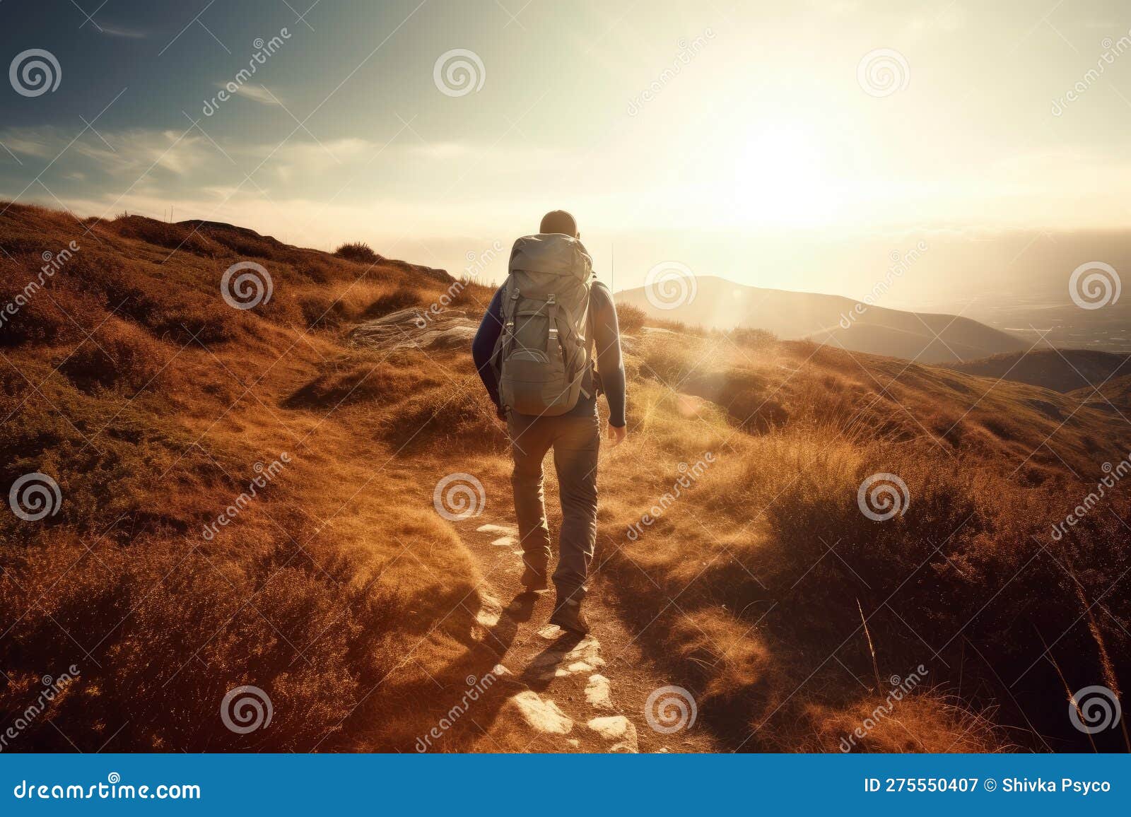 Hiker Goes Against Sky and Sun Turned Back Image Generative AI Stock ...