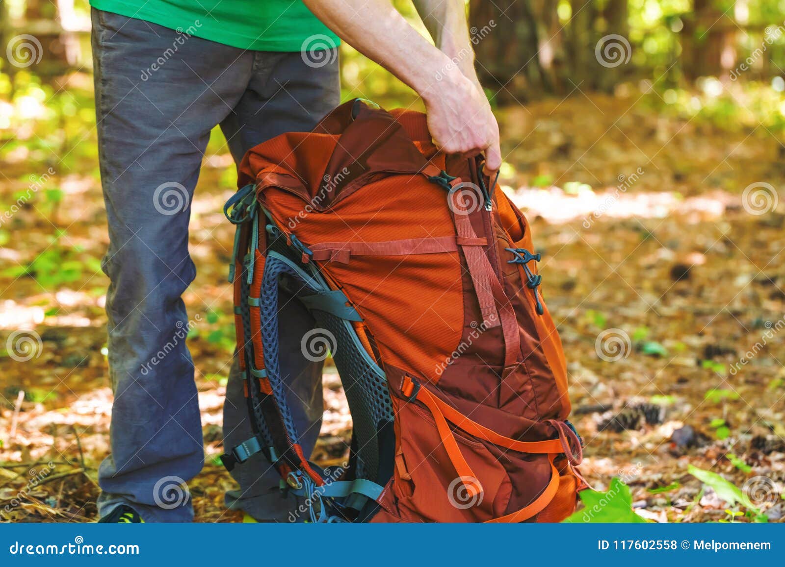 Hiker Holding His Camping Backpack Stock Photo - Image of camp, journey ...