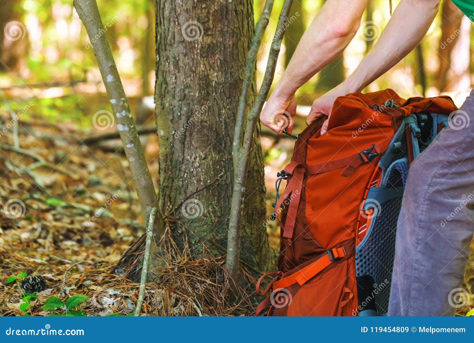 Hiker Holding His Camping Backpack Stock Image - Image of person, hold ...