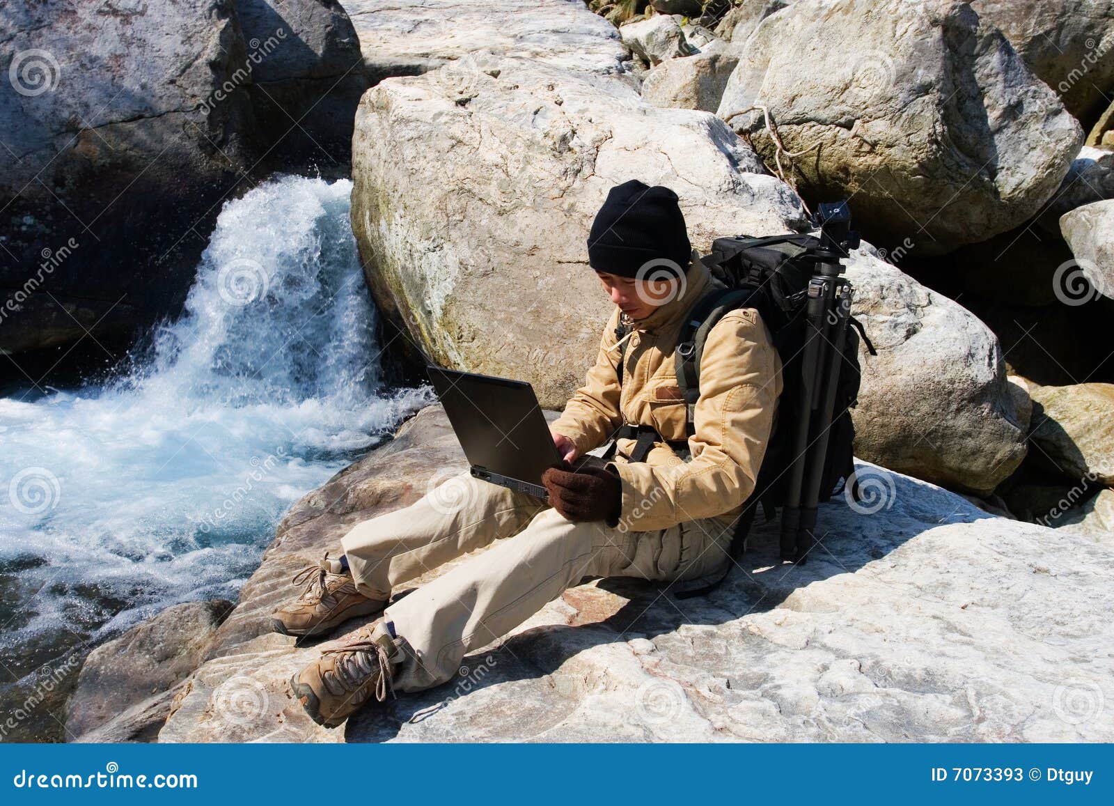 Hiker with laptop stock image. Image of computer, brook - 7073393