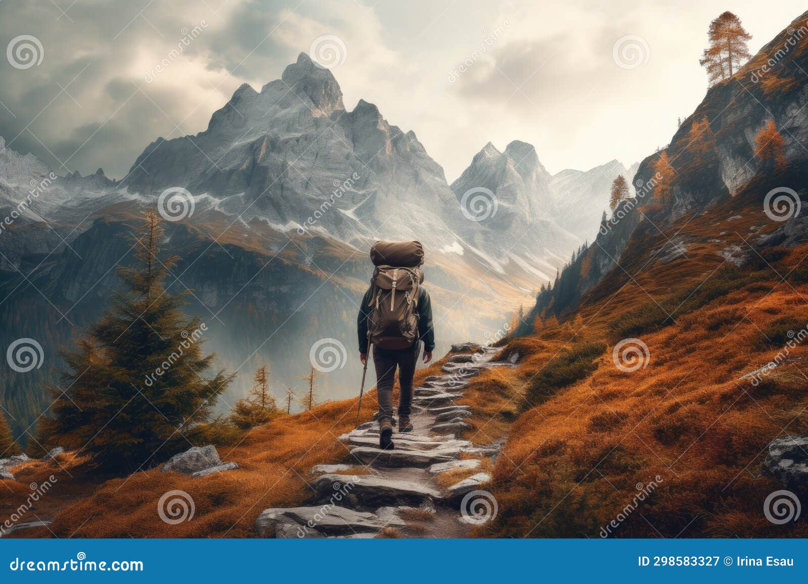 A Hiker with a Large Backpack on a Mountain Path with Dramatic Peaks in ...