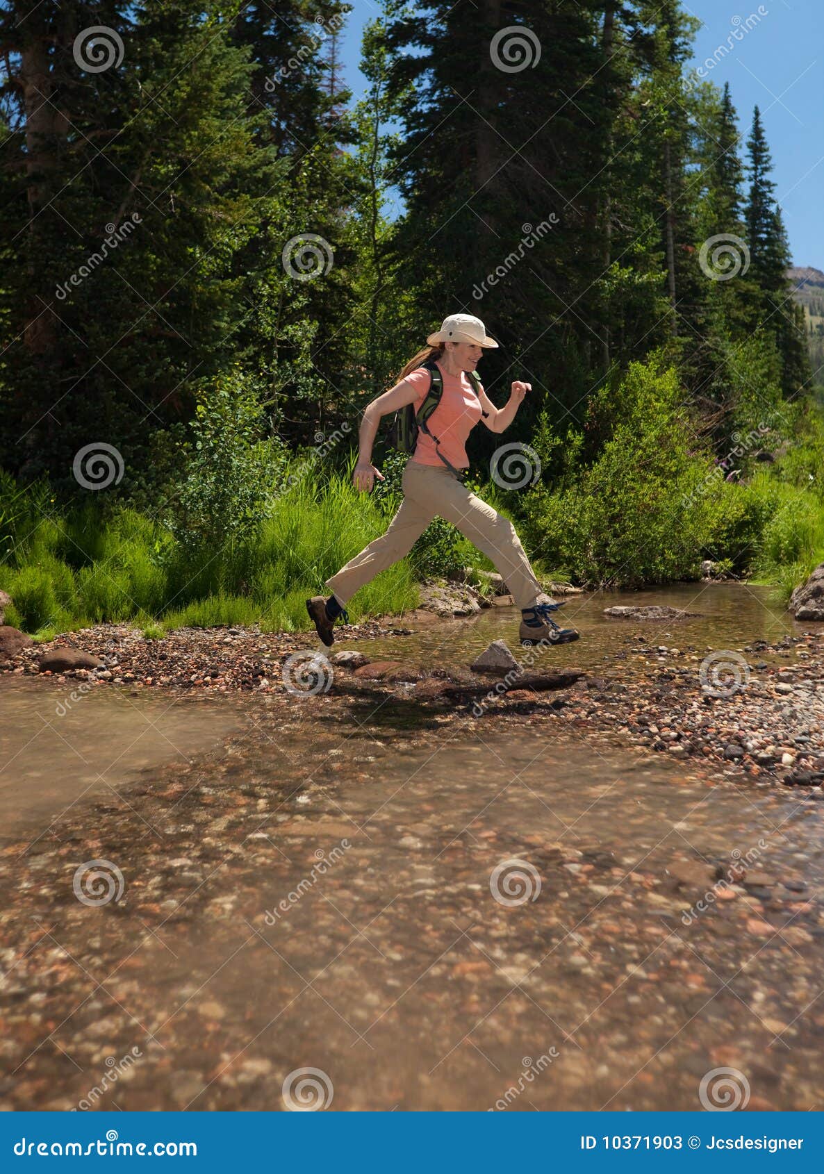 Hiker leaping over stream stock image. Image of creek - 10371903