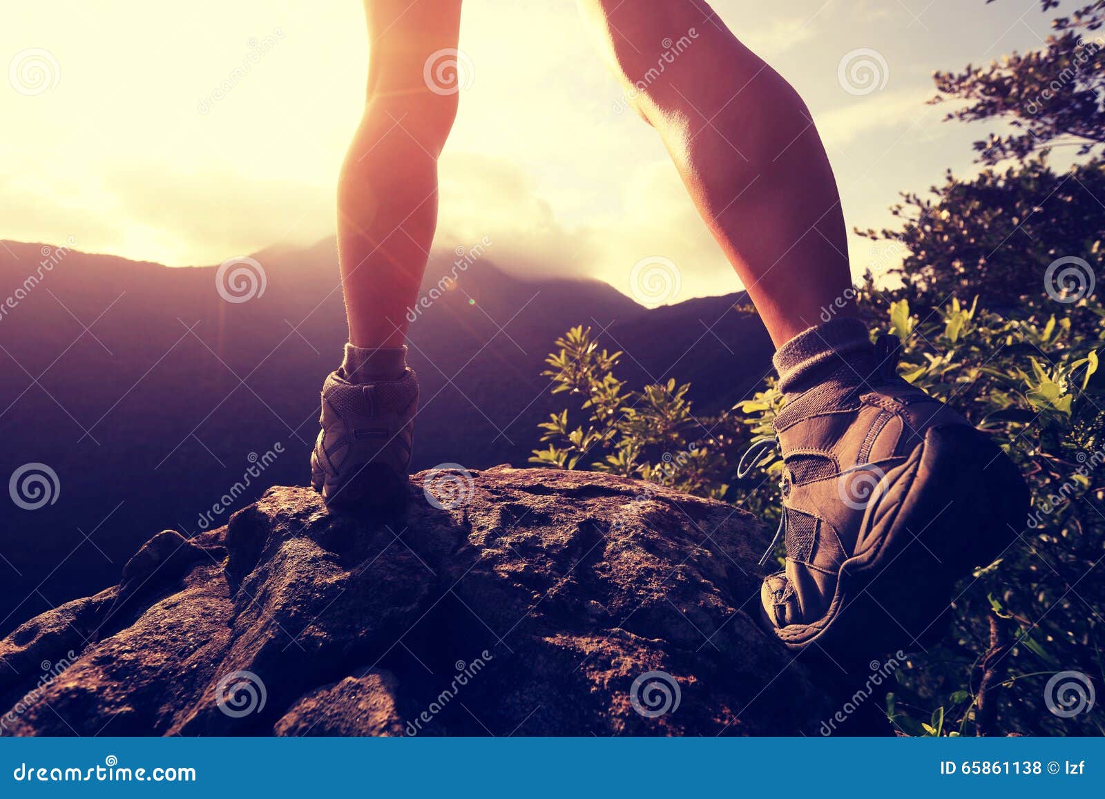 Hiker Legs Hiking on Mountain Peak Stock Photo - Image of forest, black ...
