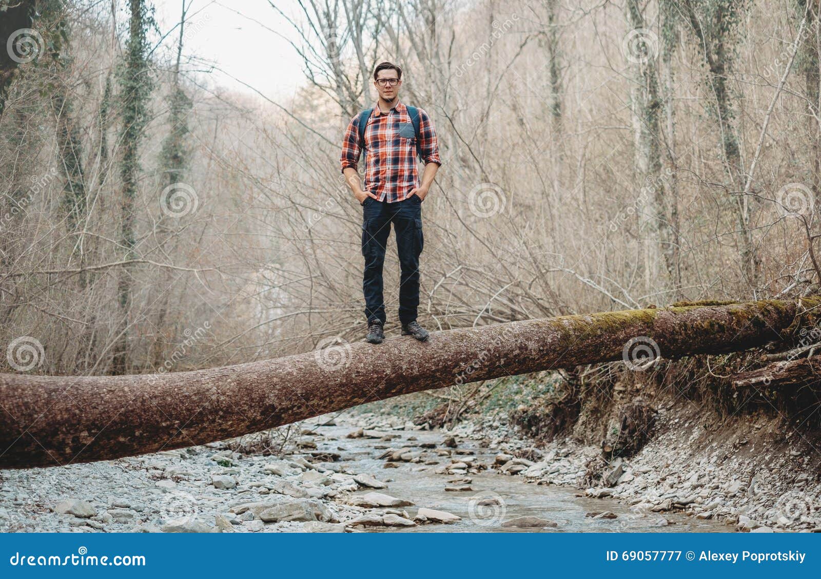 Hiker Man on Tree Trunk Over the River Stock Image - Image of leisure ...
