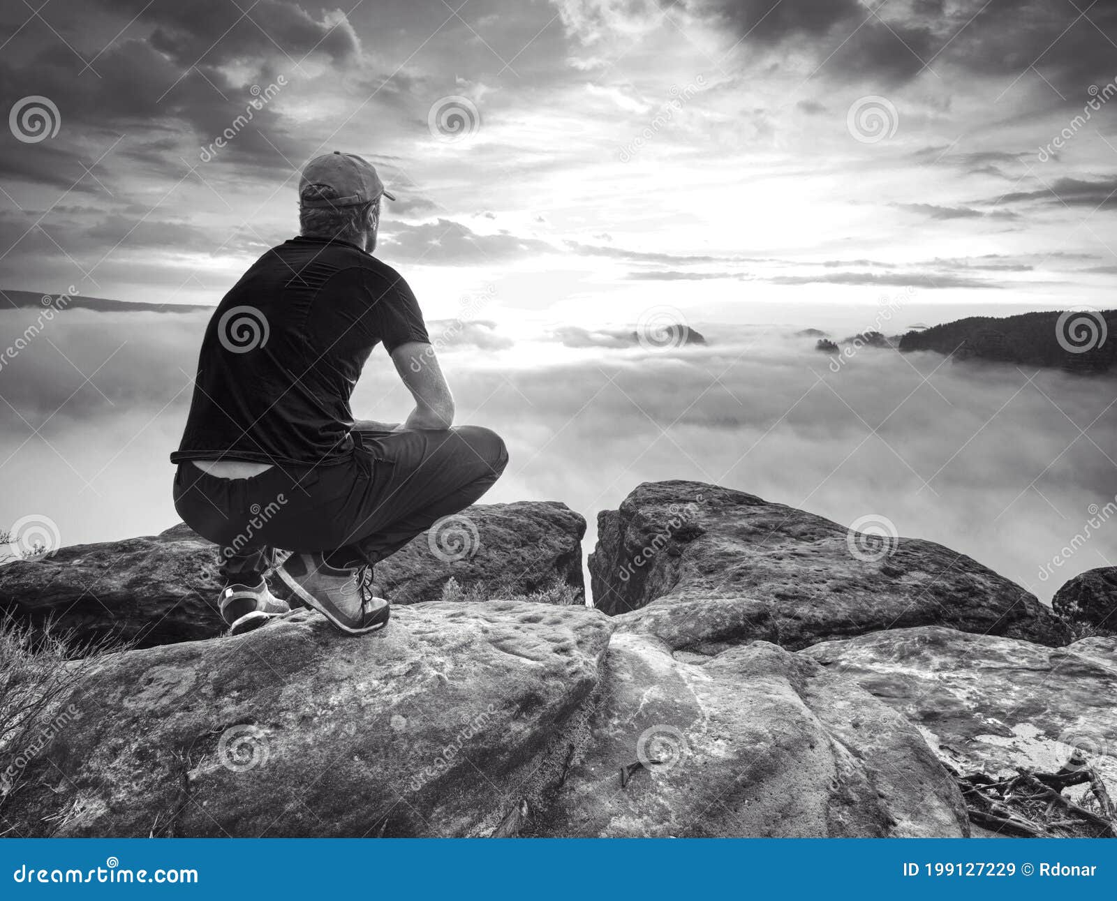 Hiker in Middle of Nowhere and Thinking Alone. Man Sit on Top Stock ...