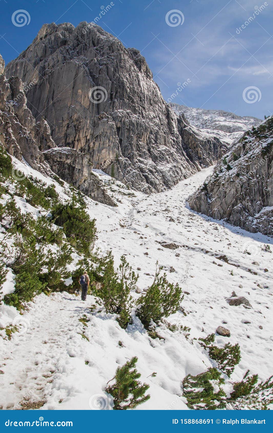 Hiker on a Mountain Path in the Alps. Stock Image - Image of blue ...