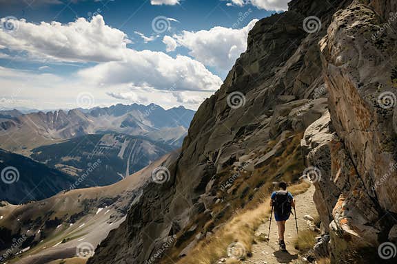 Hiker Navigating a Narrow Mountain Trail with Caution Stock Image ...
